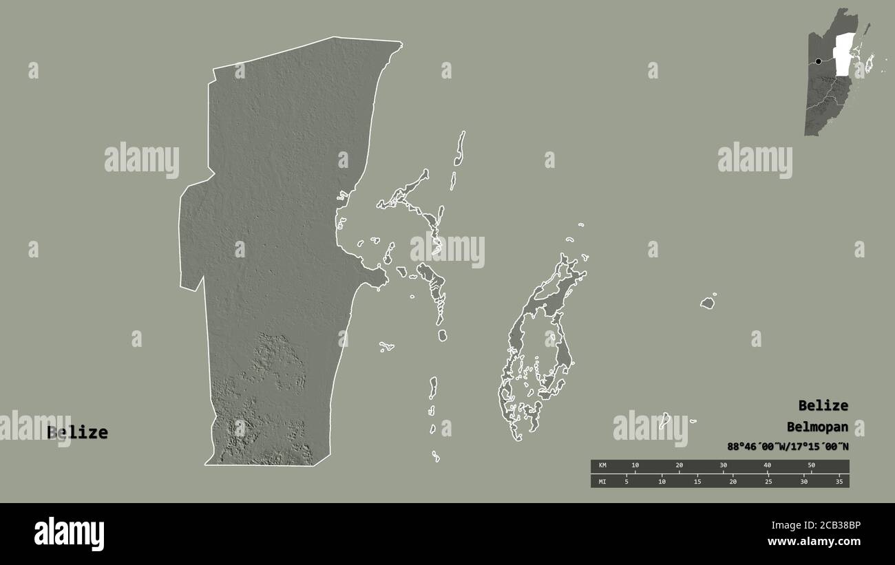 Shape of Belize, district of Belize, with its capital isolated on solid ...