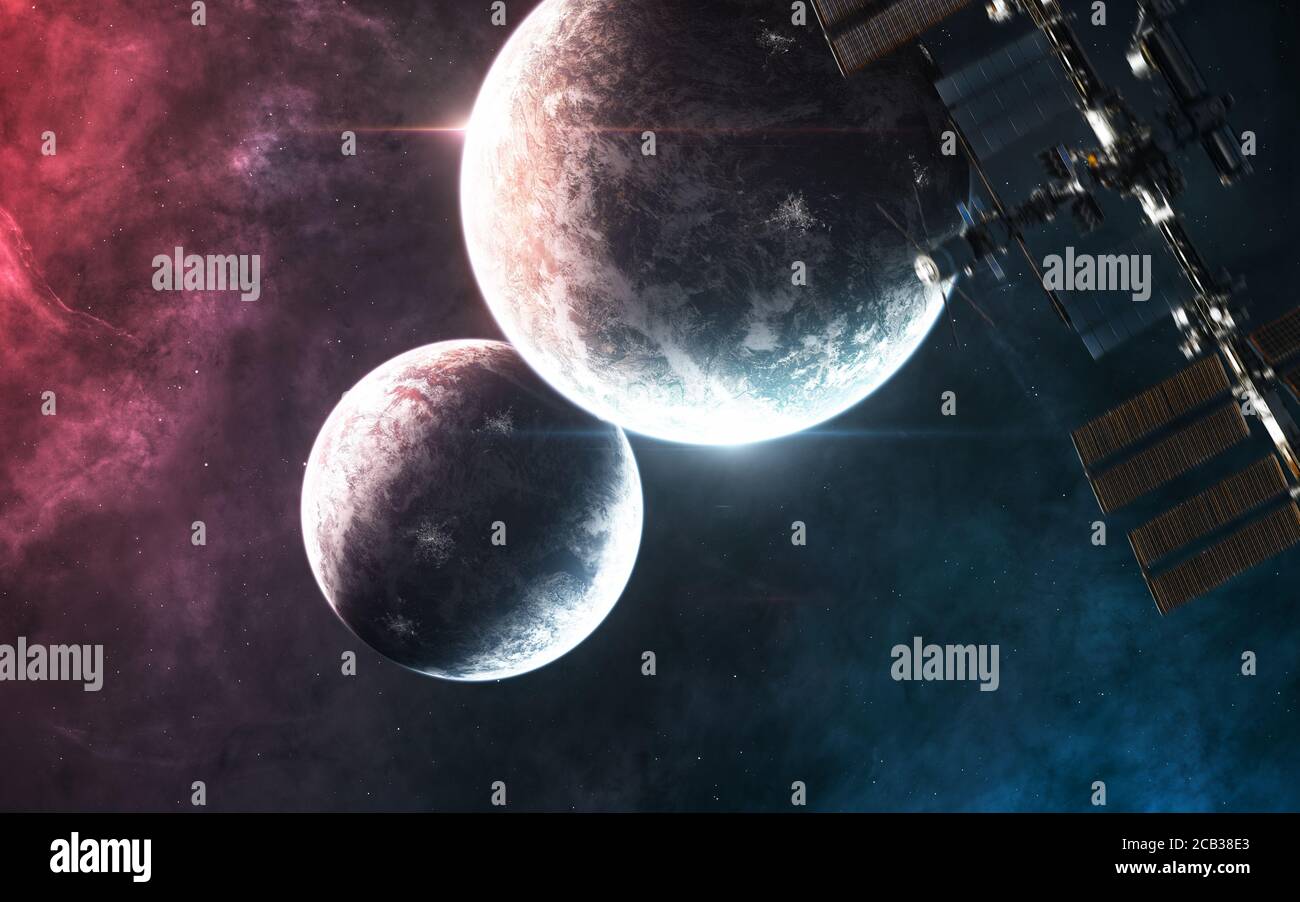 Deep space planets in blue and red light. Flying space station Stock ...