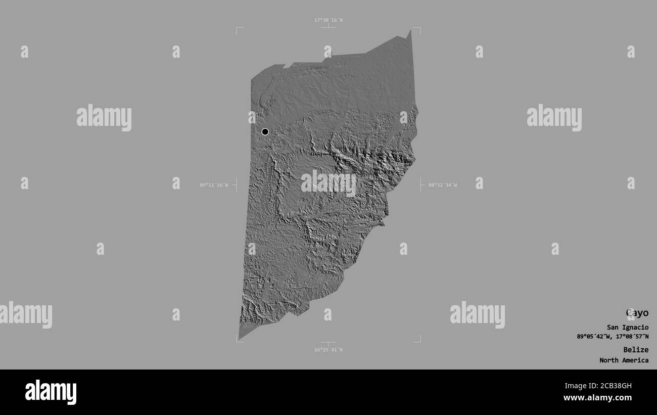 Area of Cayo, district of Belize, isolated on a solid background in a ...