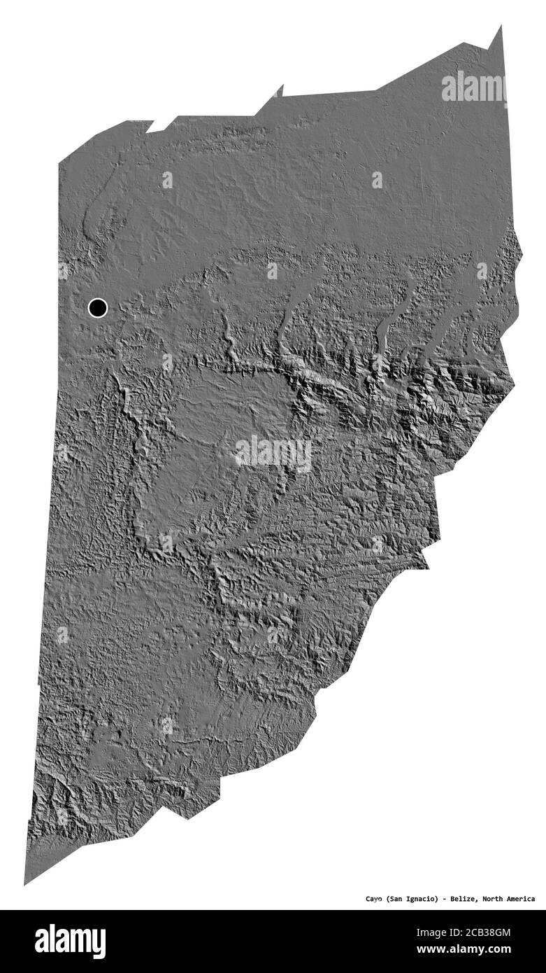 Shape of Cayo, district of Belize, with its capital isolated on white ...