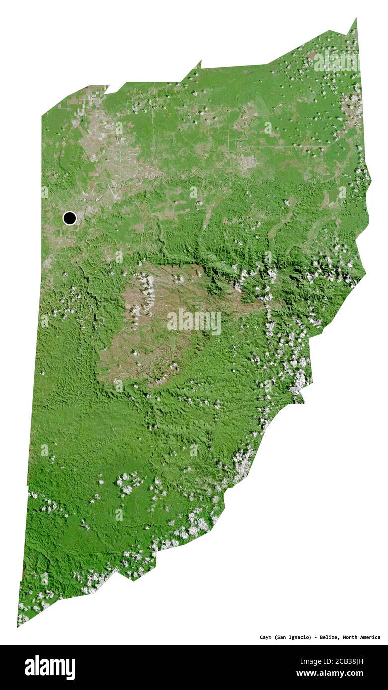 Shape of Cayo, district of Belize, with its capital isolated on white ...