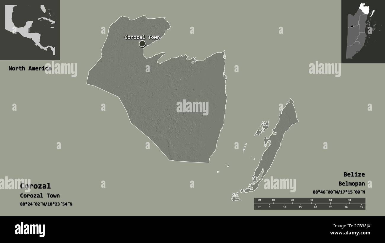 Shape of Corozal, district of Belize, and its capital. Distance scale ...