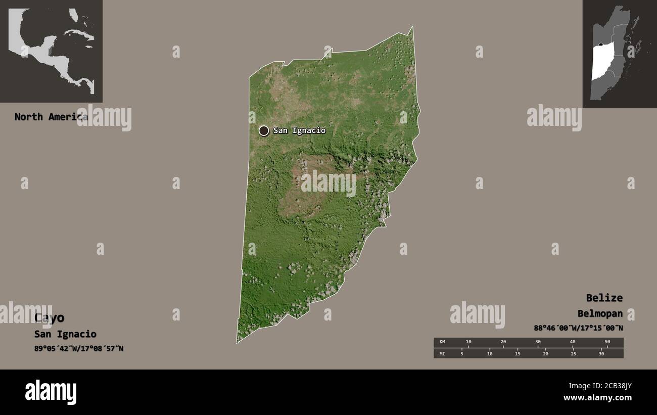 Shape of Cayo, district of Belize, and its capital. Distance scale ...