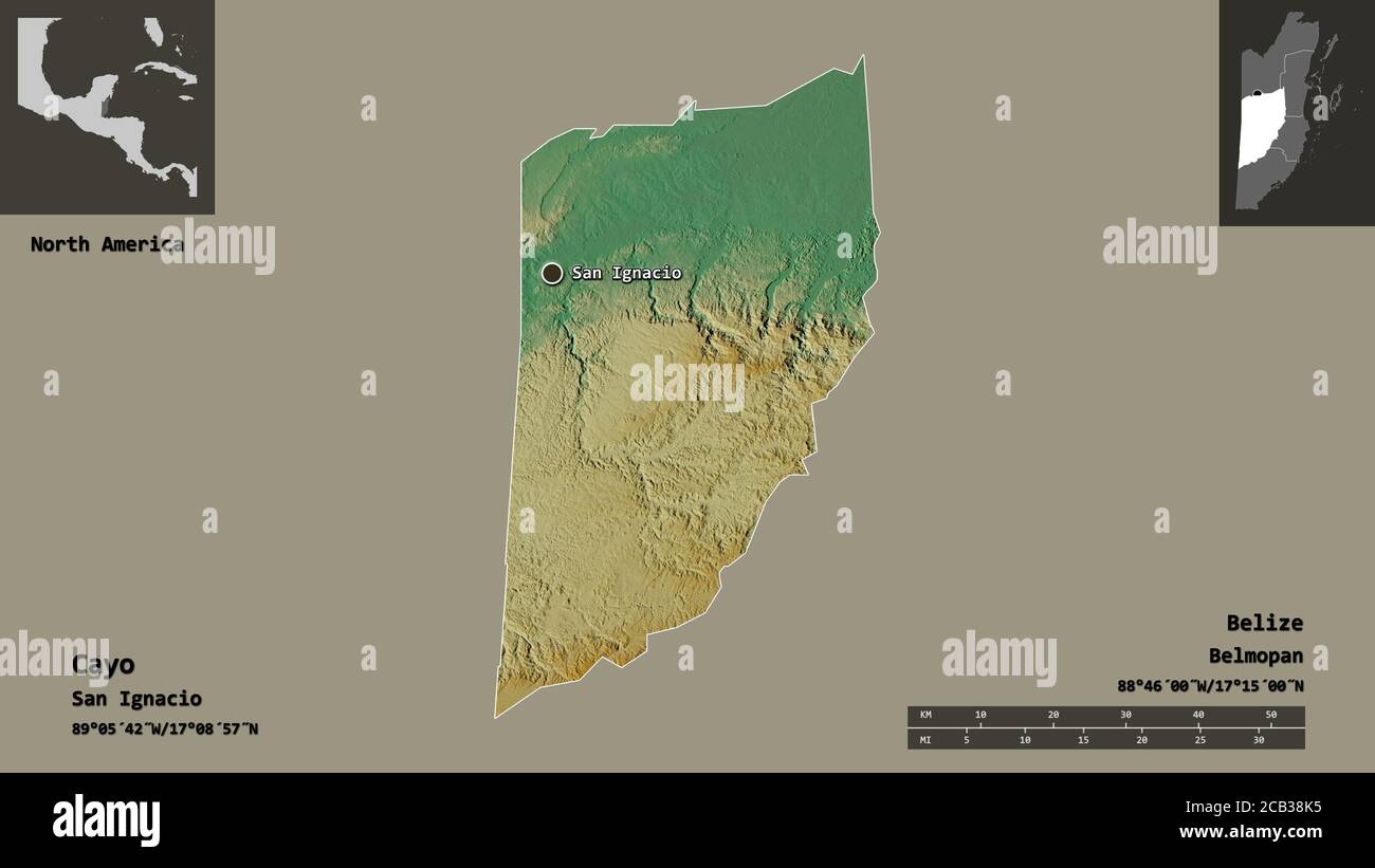 Shape of Cayo, district of Belize, and its capital. Distance scale ...