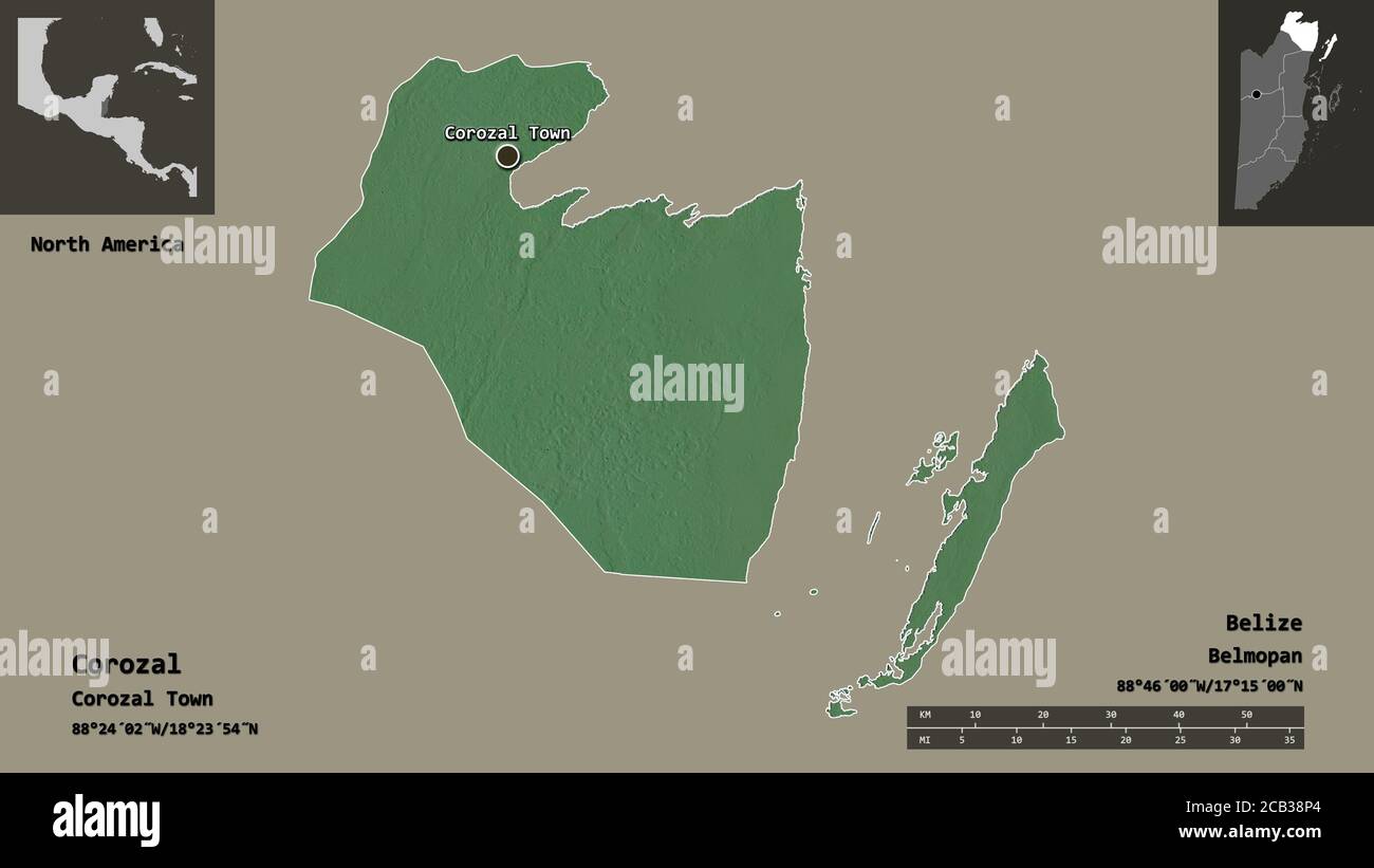 Shape of Corozal, district of Belize, and its capital. Distance scale ...