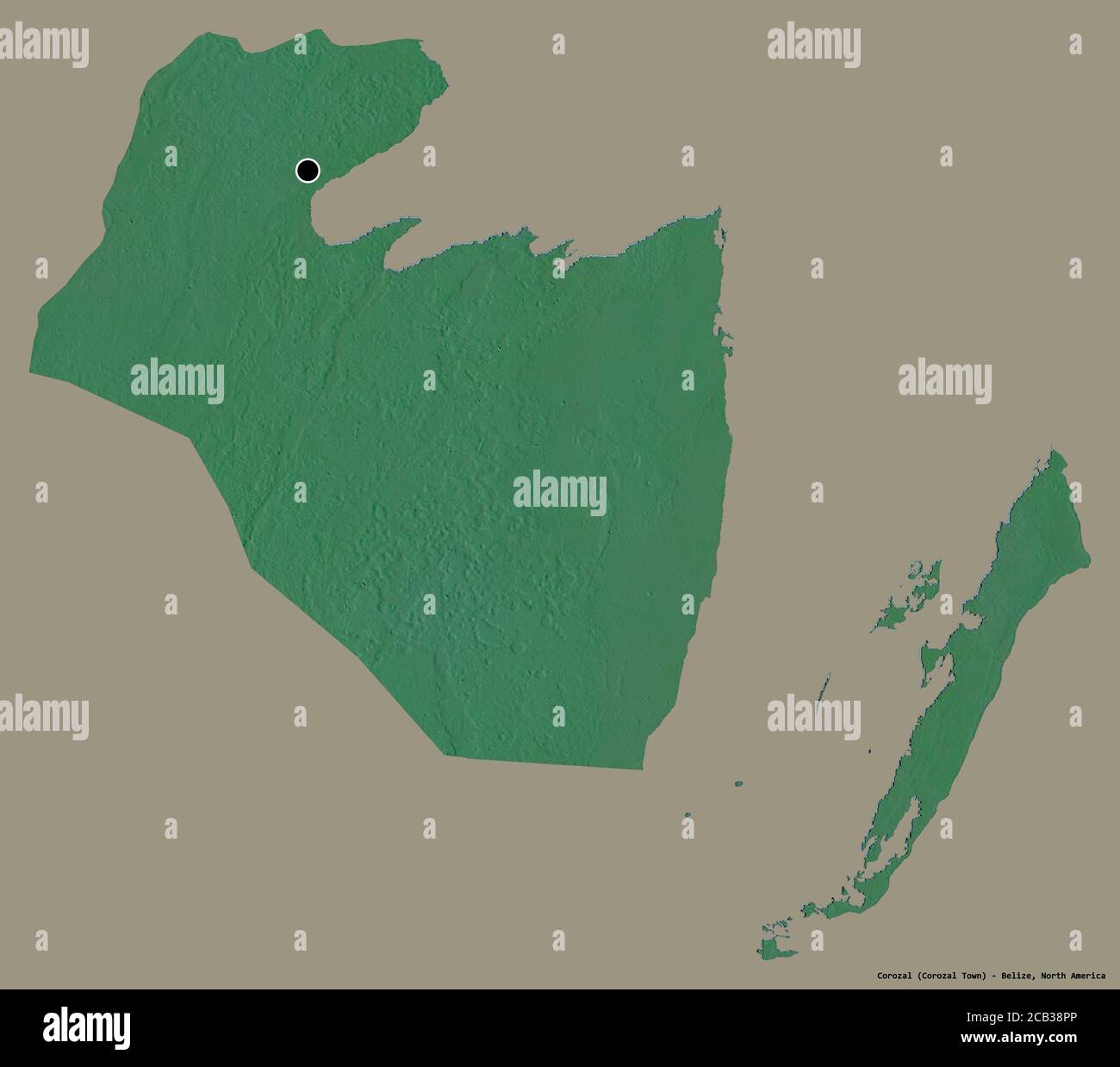 Shape of Corozal, district of Belize, with its capital isolated on a ...