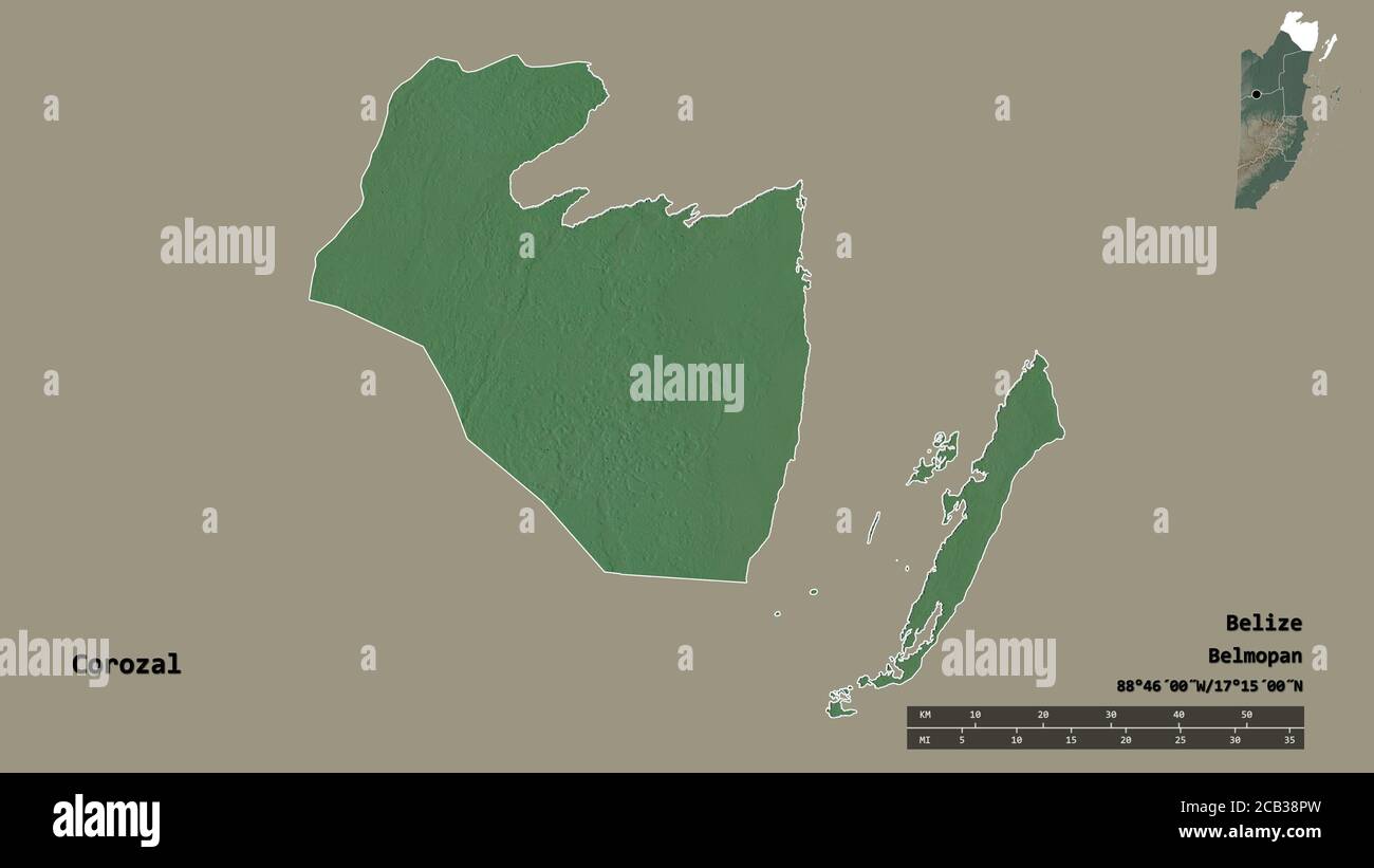 Shape of Corozal, district of Belize, with its capital isolated on ...