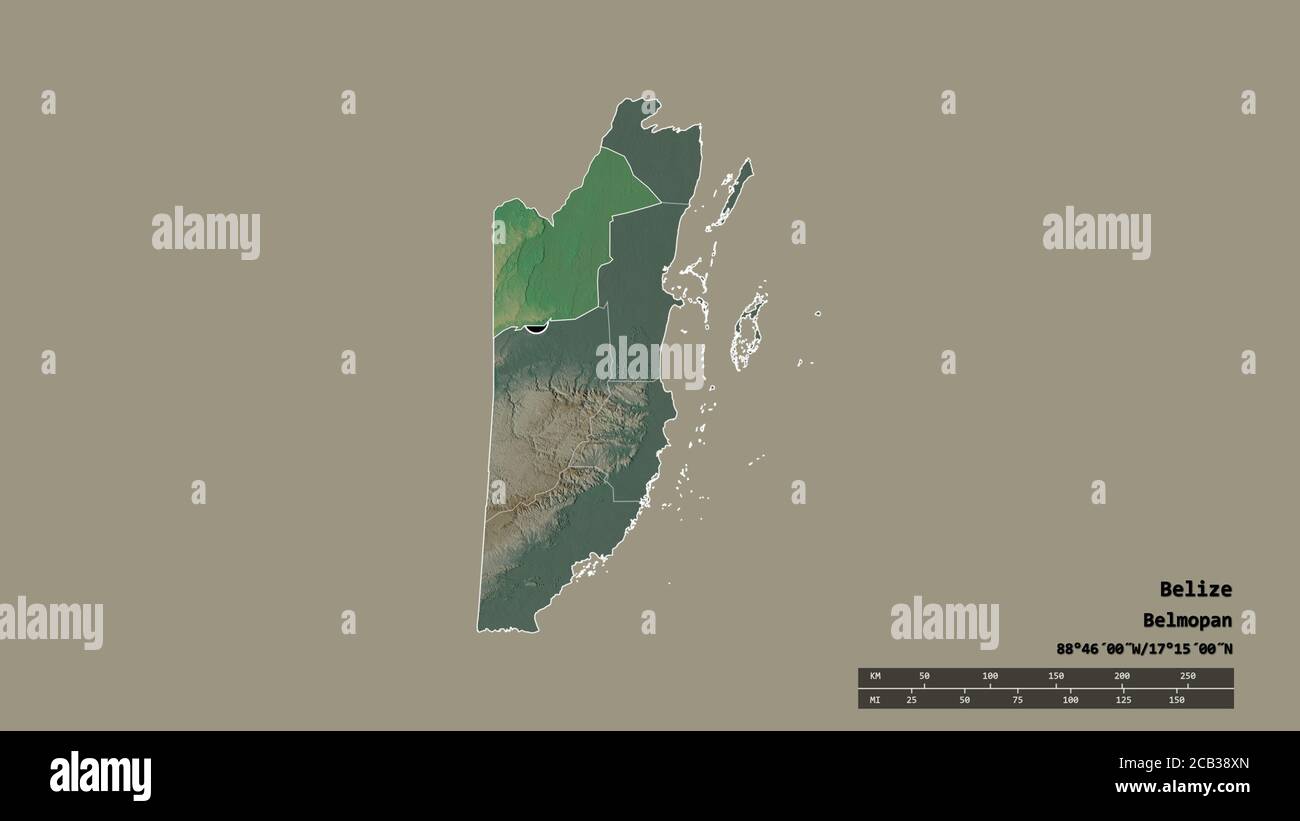 Desaturated shape of Belize with its capital, main regional division ...