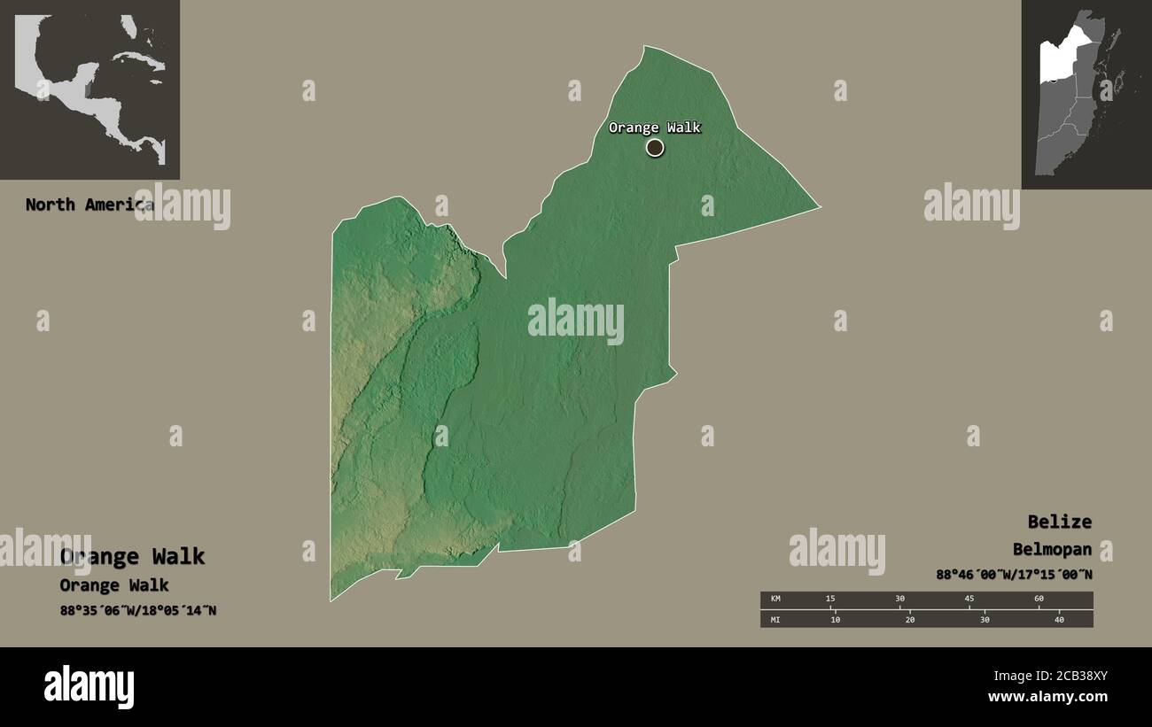 Shape of Orange Walk, district of Belize, and its capital. Distance ...