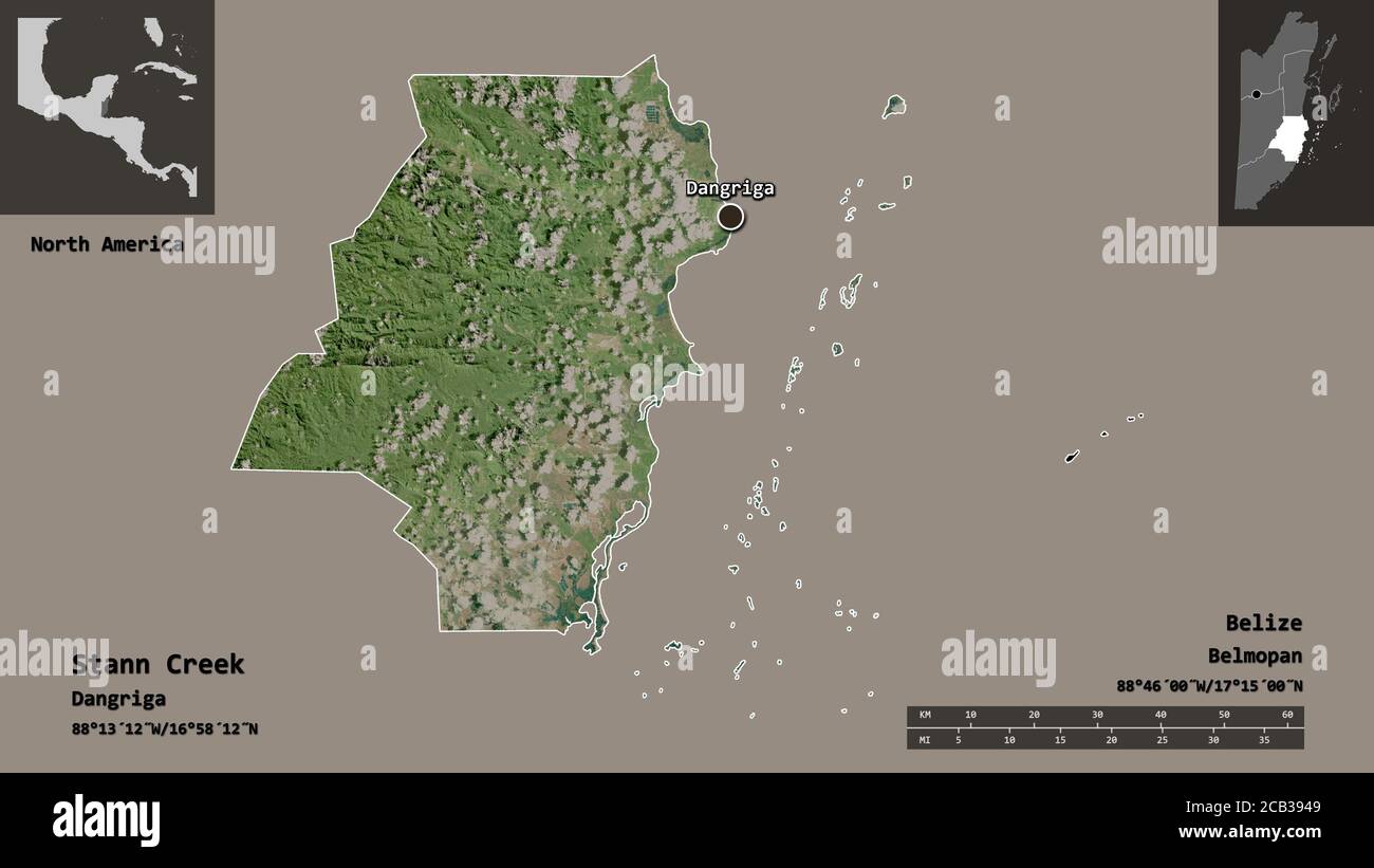 Shape of Stann Creek, district of Belize, and its capital. Distance ...