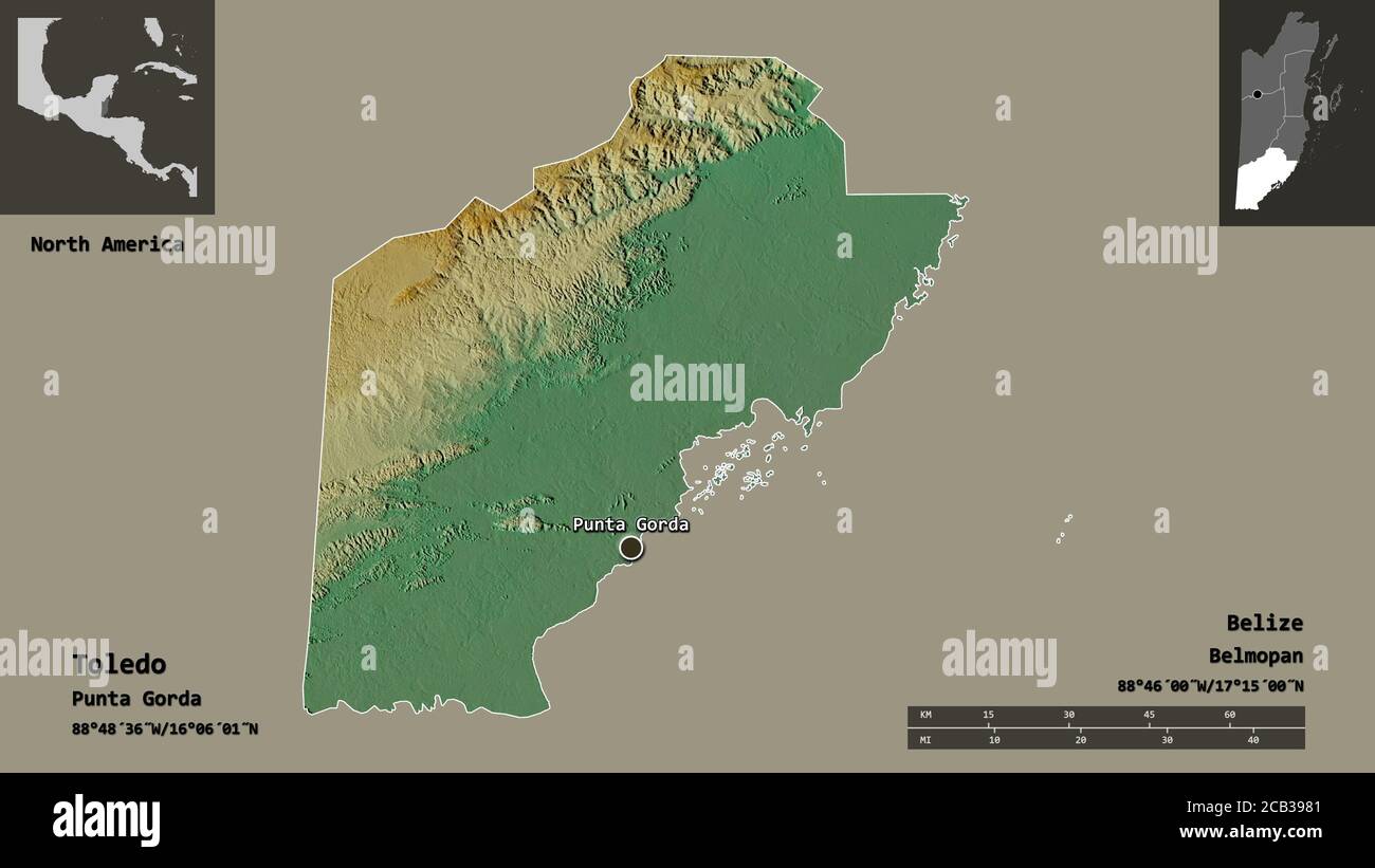 Shape of Toledo, district of Belize, and its capital. Distance scale ...