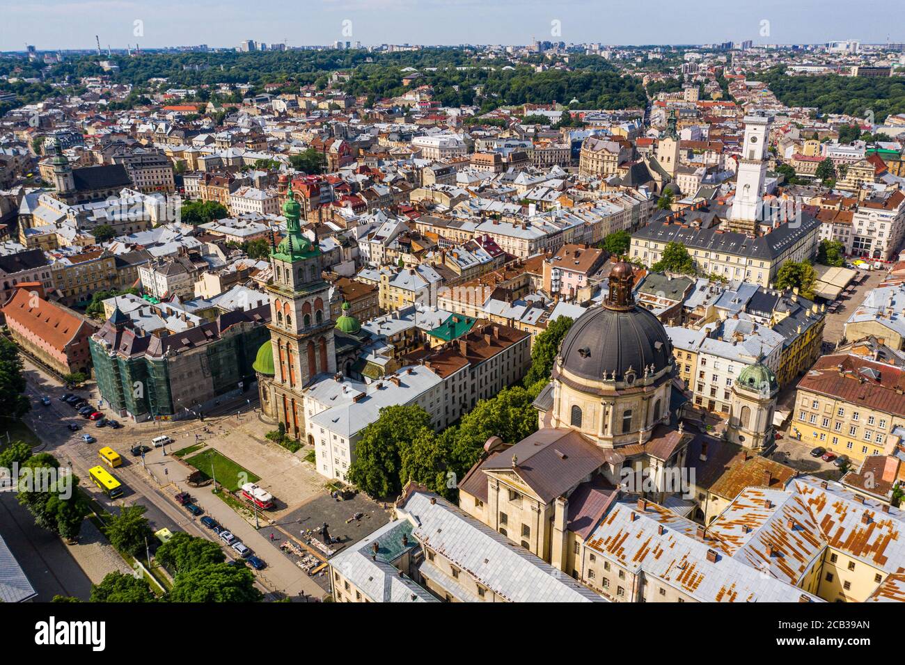 Aerial view of historical old city district of Lviv, Ukraine. Time ...