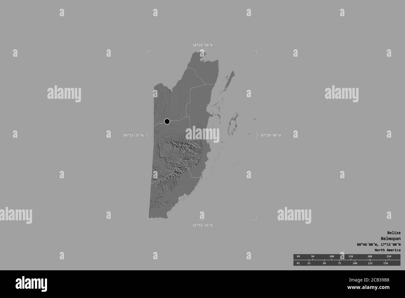 Area of Belize isolated on a solid background in a georeferenced ...