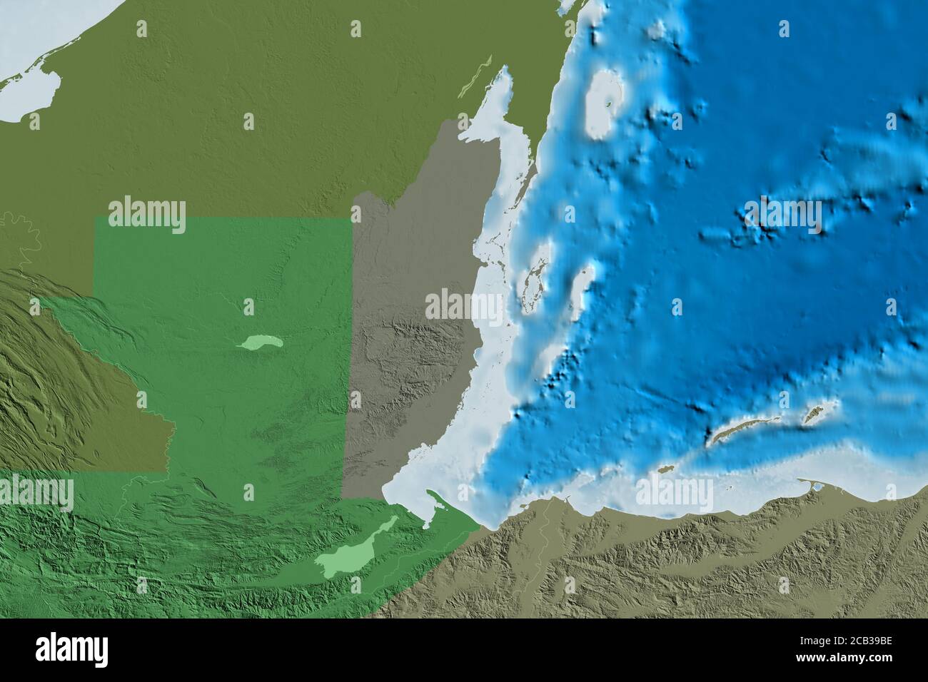 Extended area of Belize. Colored elevation map. 3D rendering Stock ...