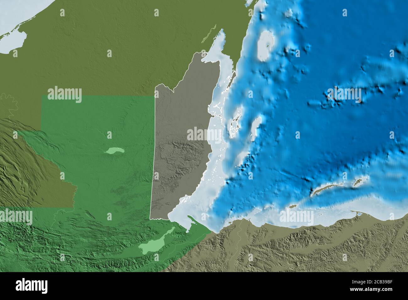 Extended area of outlined Belize. Colored elevation map. 3D rendering ...