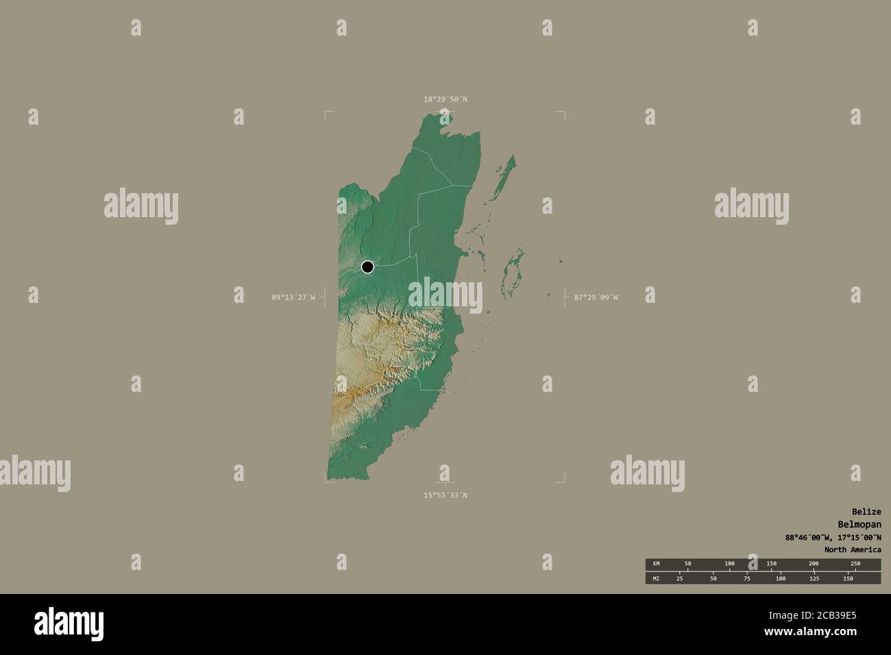 Area of Belize isolated on a solid background in a georeferenced ...
