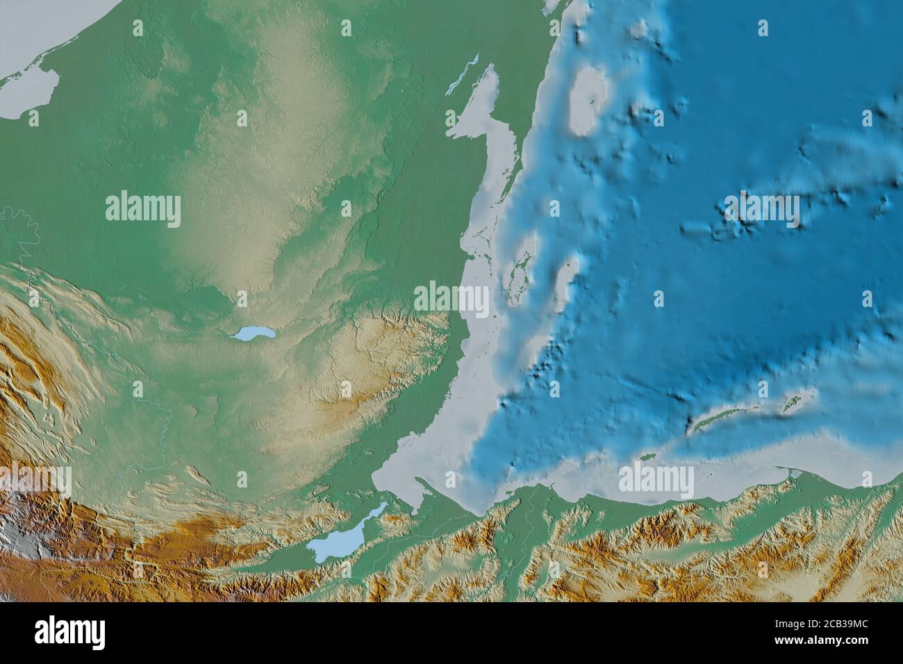 Extended area of Belize. Topographic relief map. 3D rendering Stock ...