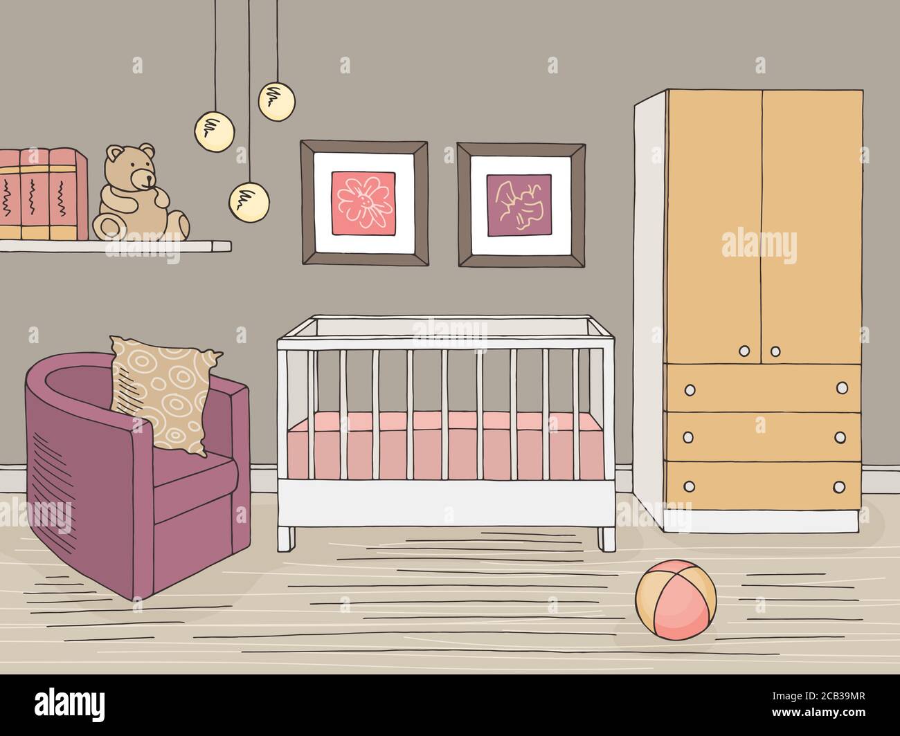 Baby room graphic color interior sketch illustration vector Stock ...