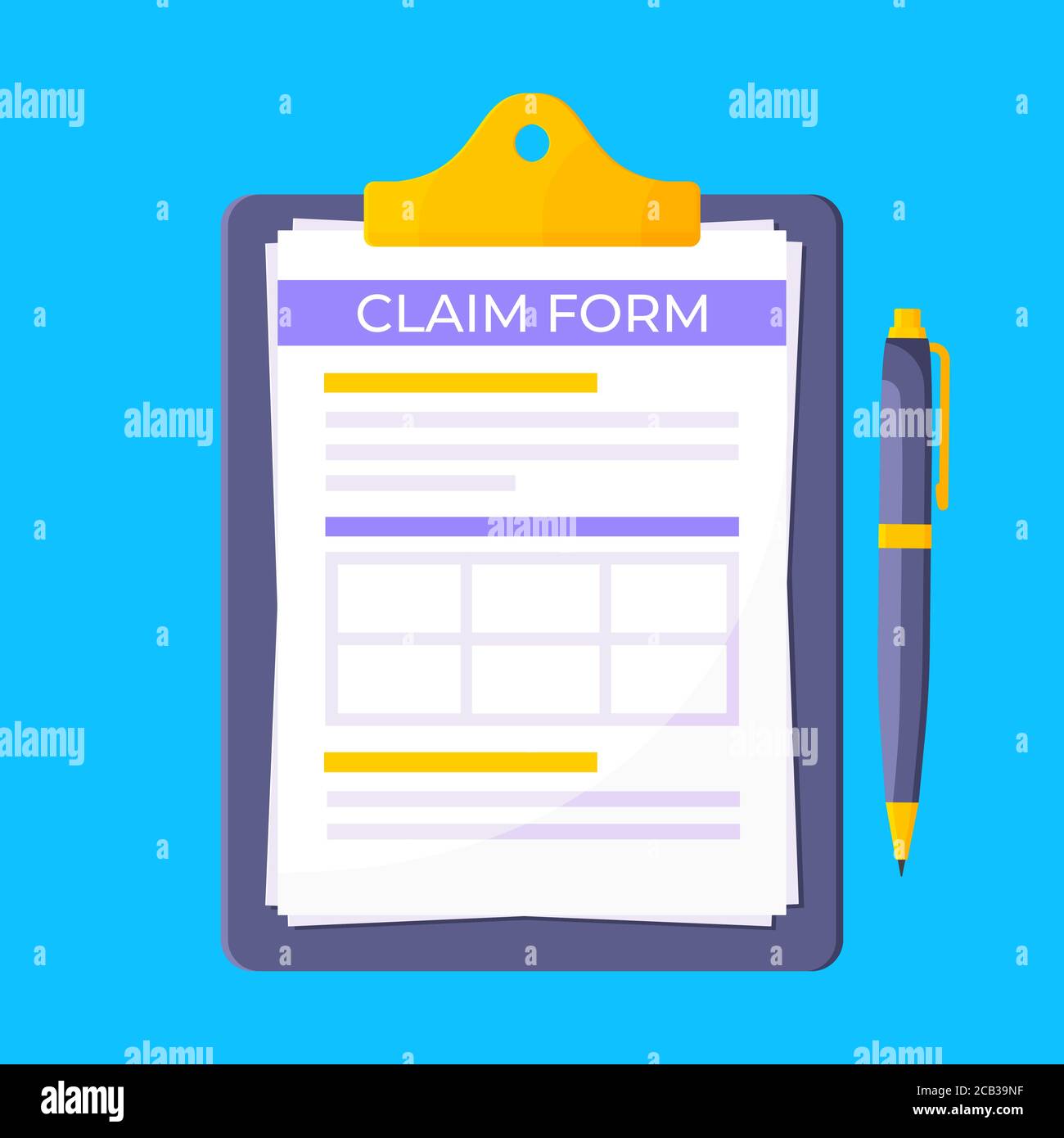 Clipboard with claim form on it, paper sheets, pen isolated on blue ...