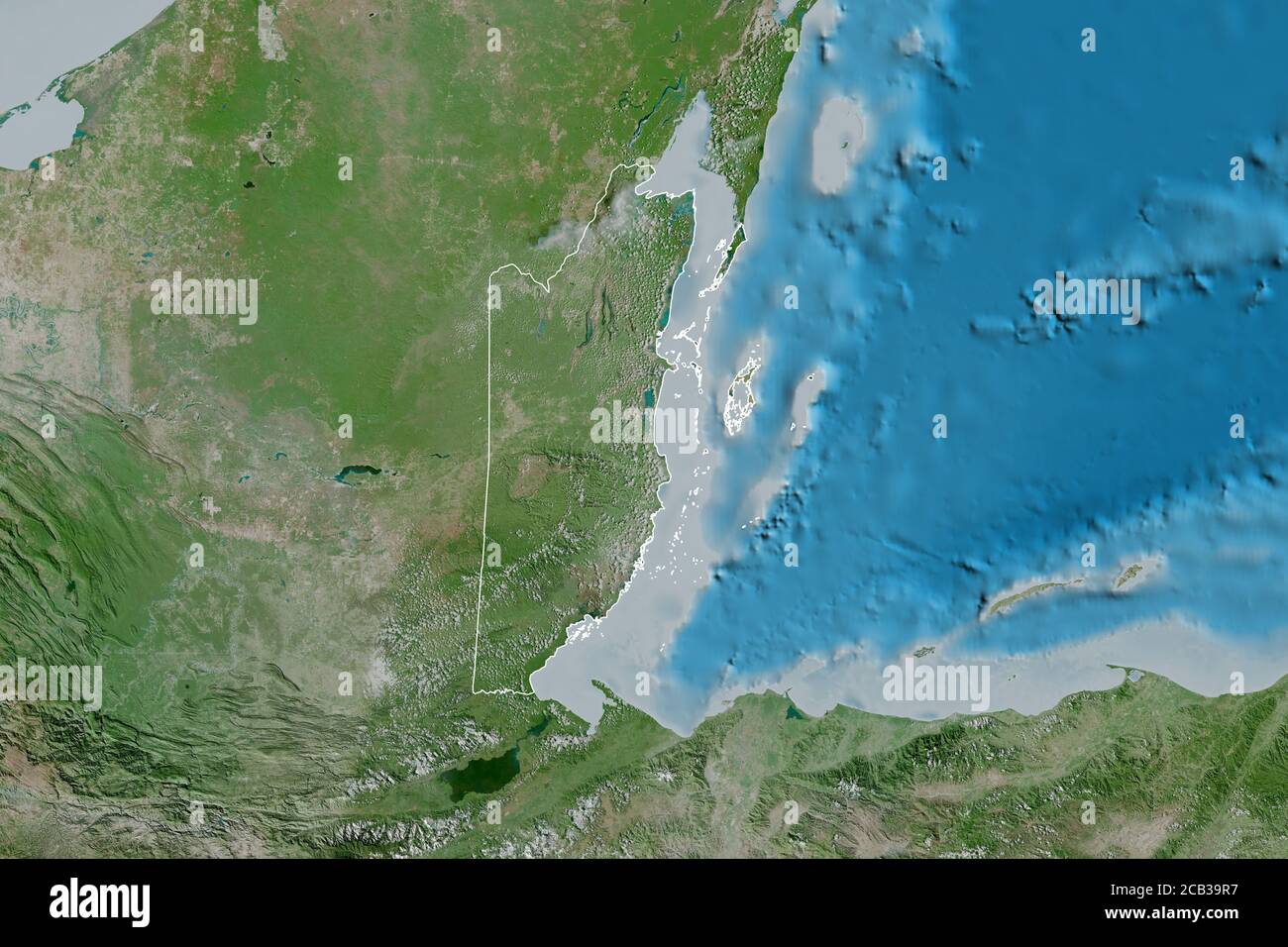 Extended area of outlined Belize. Satellite imagery. 3D rendering Stock ...