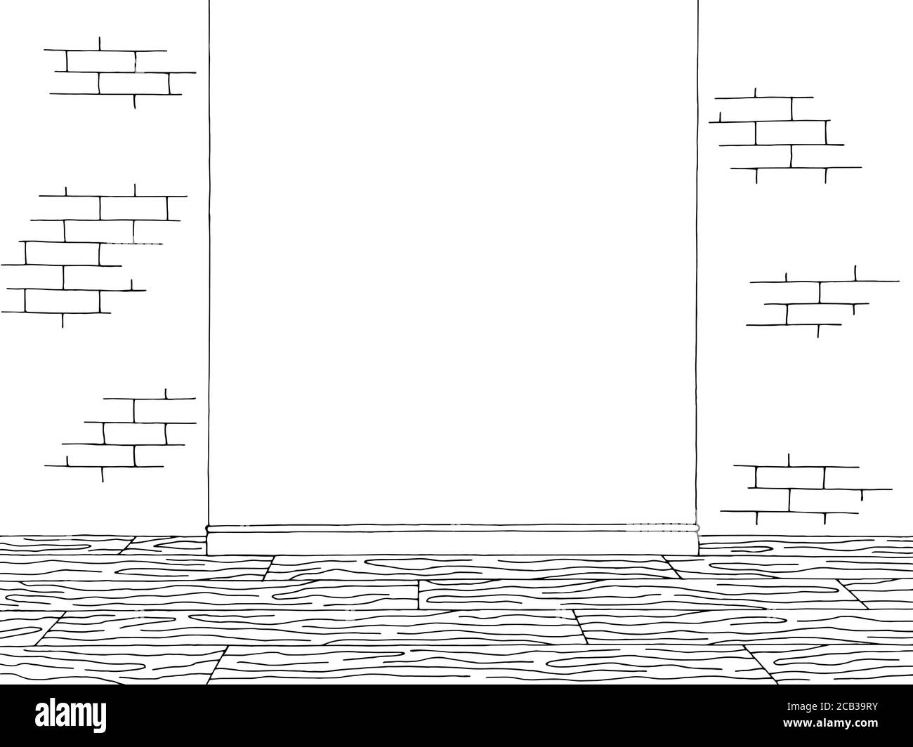 Room graphic black white home interior brick wall sketch illustration ...