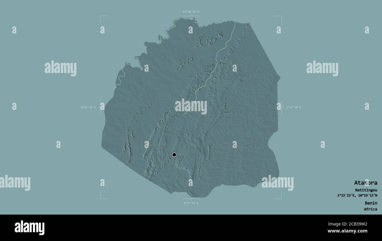 Area of Atakora, department of Benin, isolated on a solid background in ...