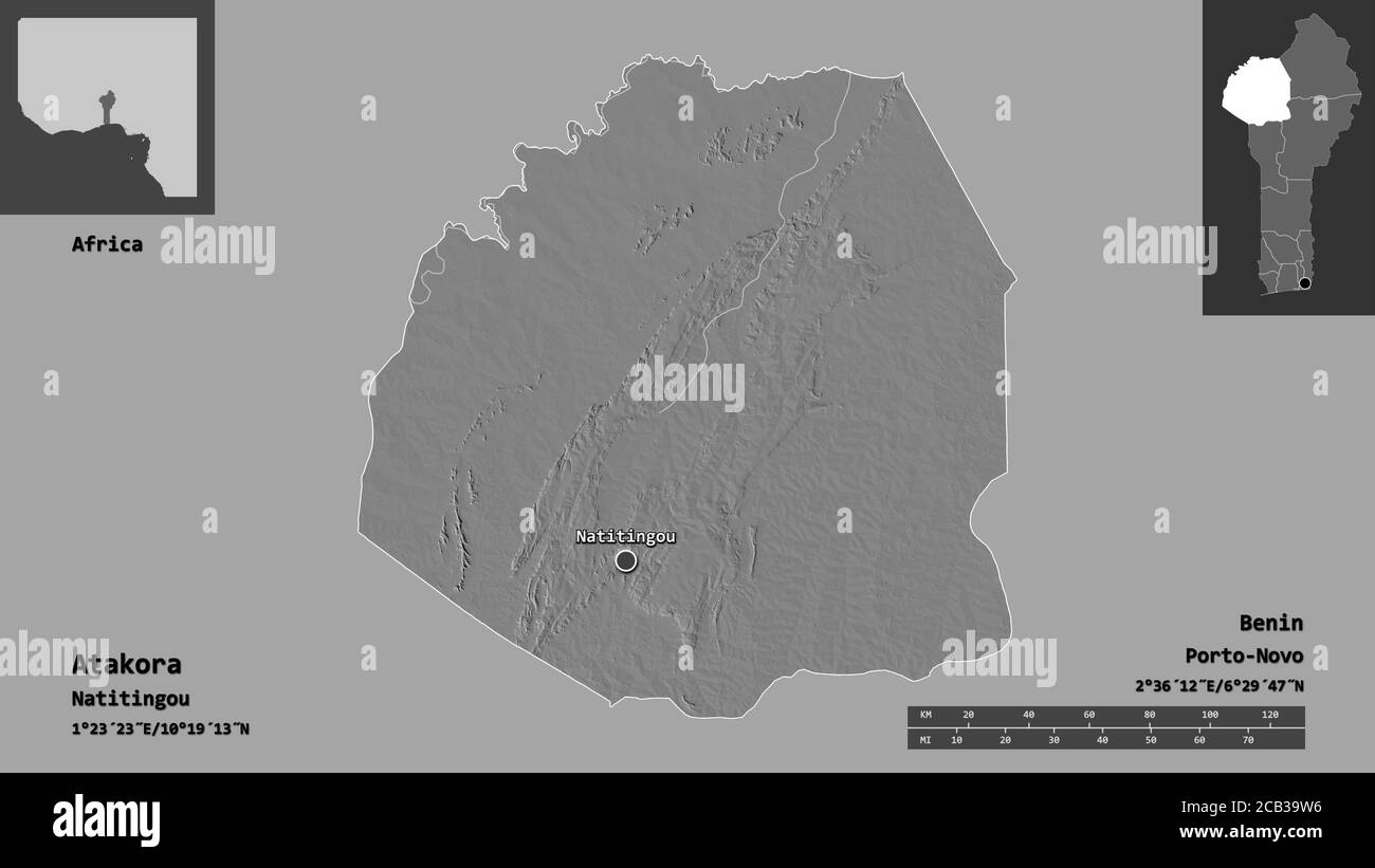 Shape of Atakora, department of Benin, and its capital. Distance scale ...