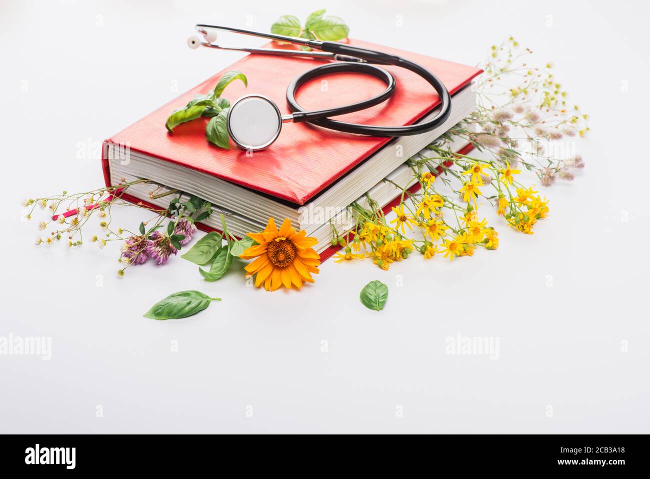 herbs in book with stethoscope on white background, naturopathy concept ...