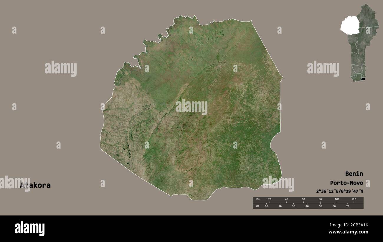 Shape of Atakora, department of Benin, with its capital isolated on ...