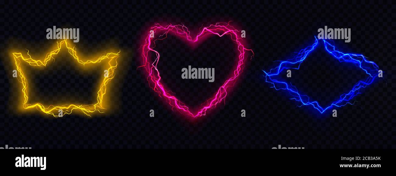 Lightning frames, electric thunderbolt borders of crown, heart and ...