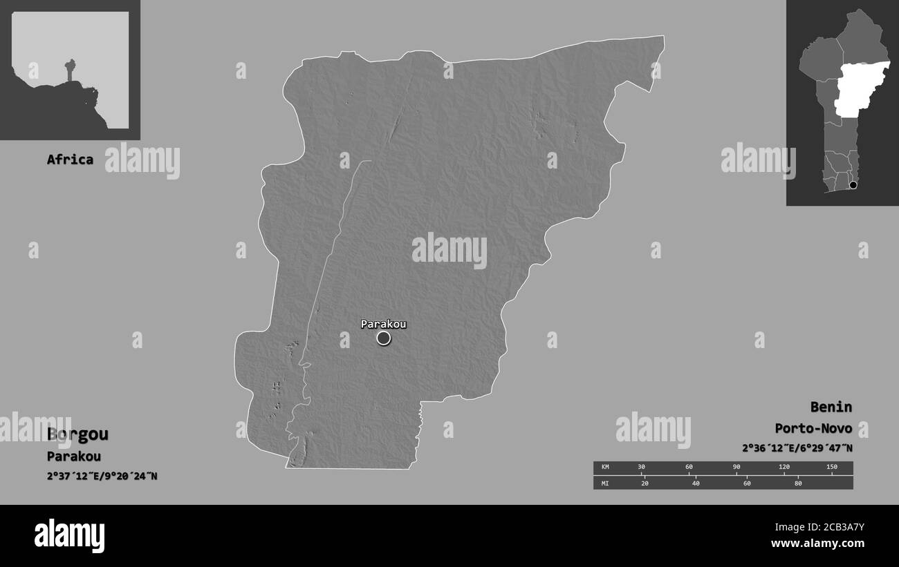 Shape of Borgou, department of Benin, and its capital. Distance scale ...