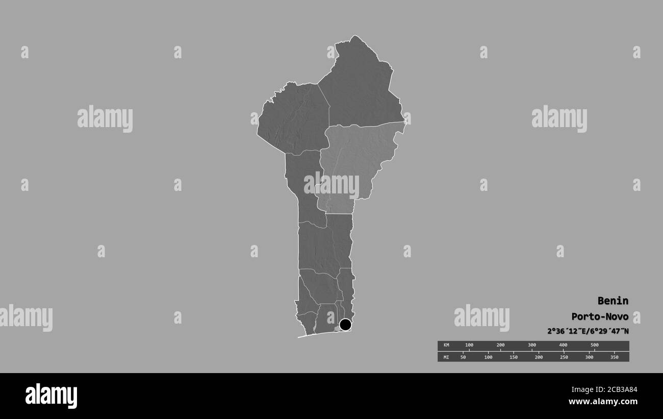 Desaturated shape of Benin with its capital, main regional division and ...