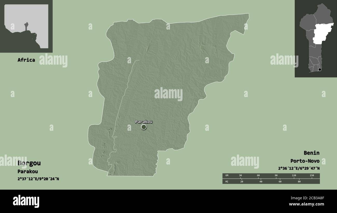 Shape of Borgou, department of Benin, and its capital. Distance scale ...