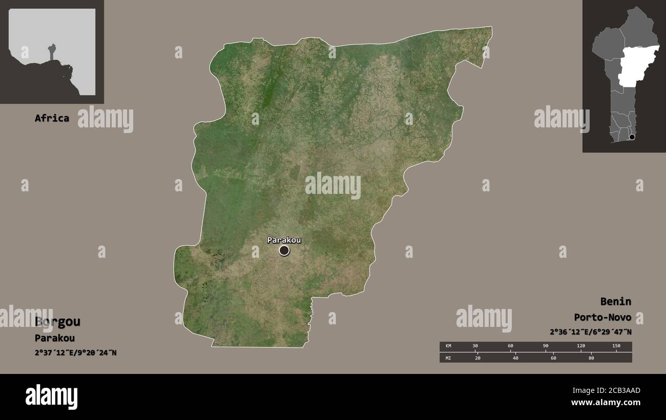 Shape of Borgou, department of Benin, and its capital. Distance scale ...