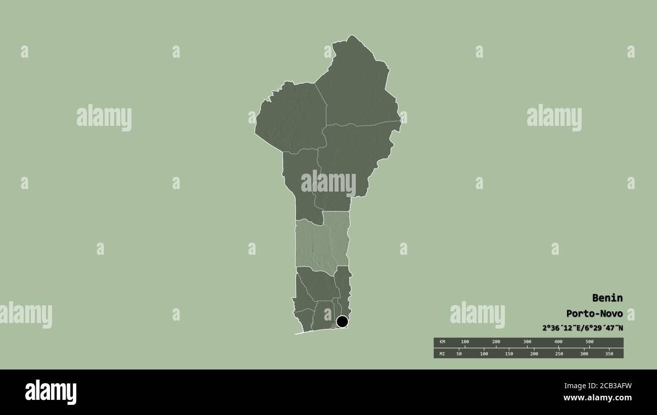 Desaturated shape of Benin with its capital, main regional division and ...
