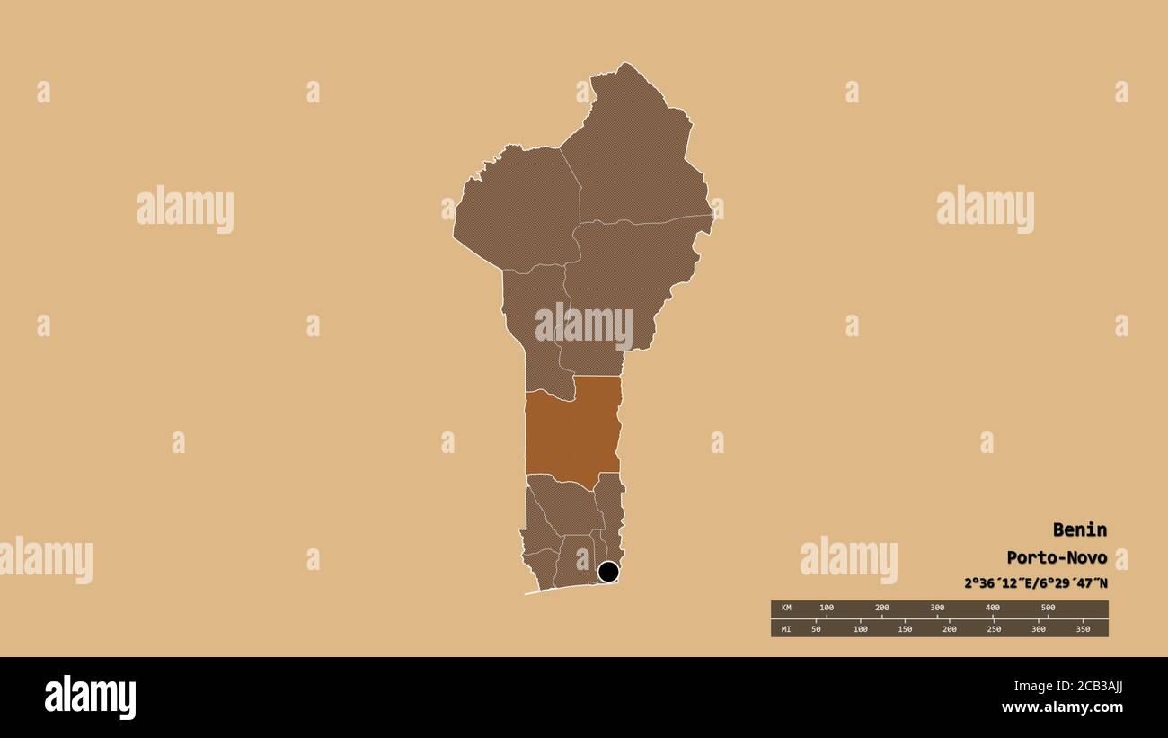 Desaturated shape of Benin with its capital, main regional division and ...