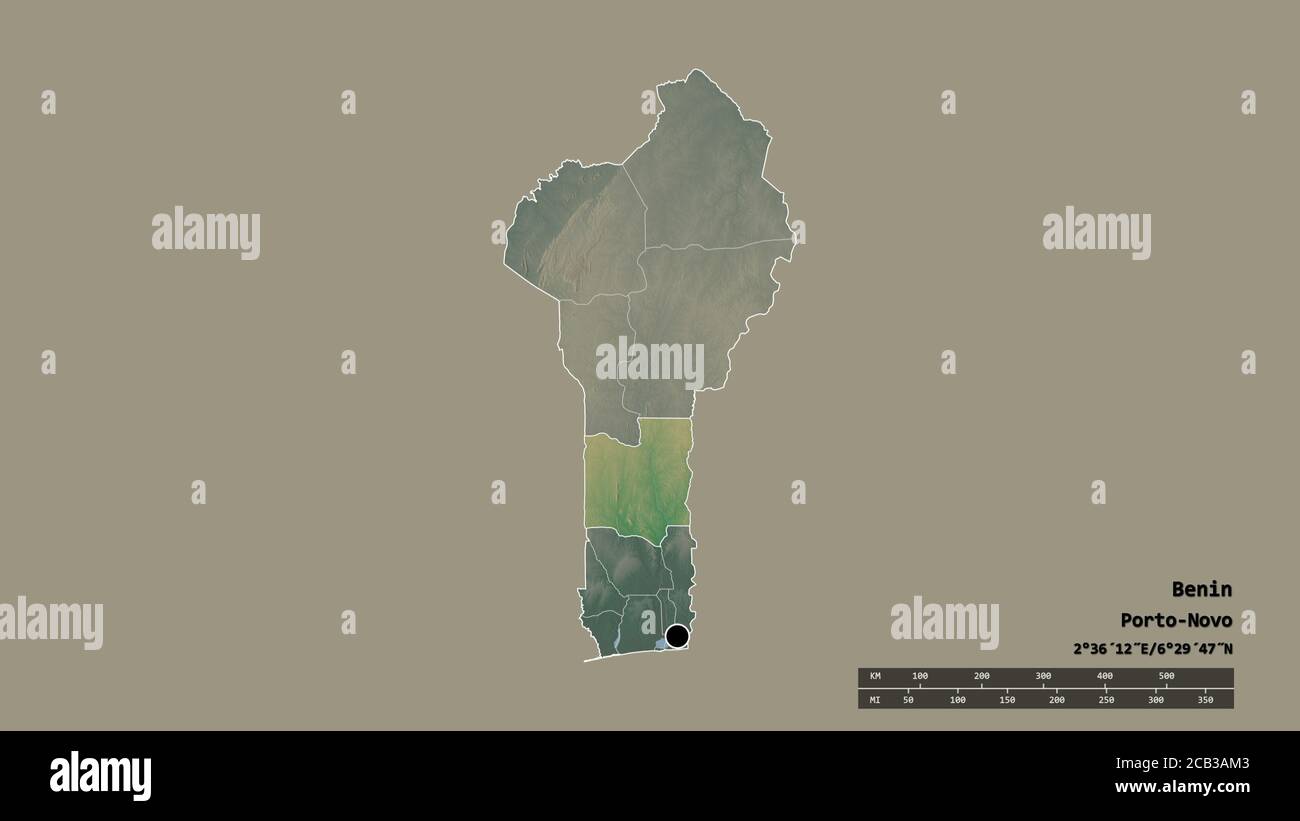 Desaturated shape of Benin with its capital, main regional division and ...