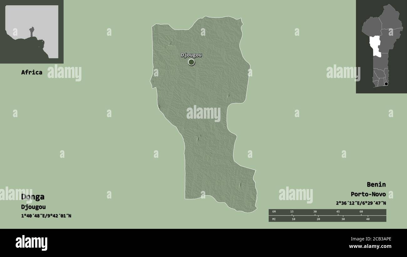 Shape of Donga, department of Benin, and its capital. Distance scale ...
