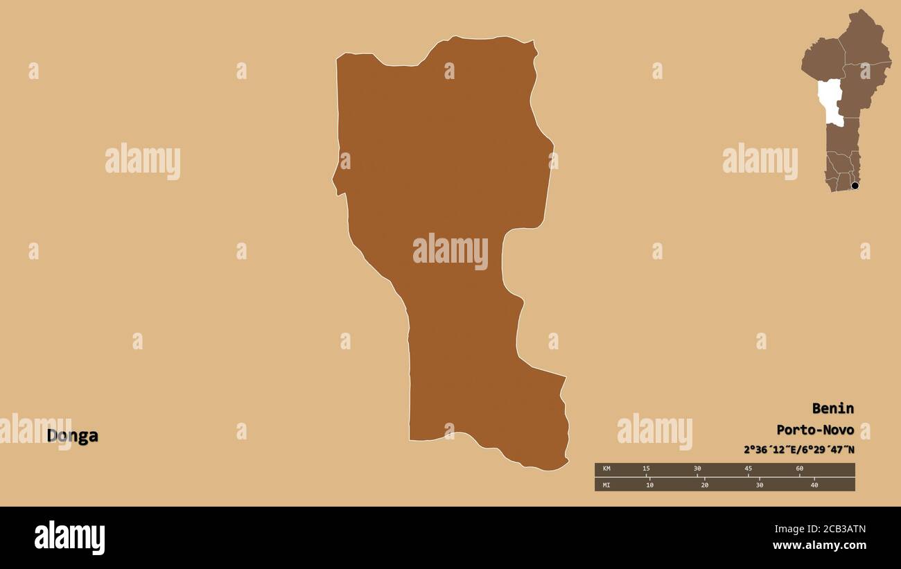 Shape of Donga, department of Benin, with its capital isolated on solid ...