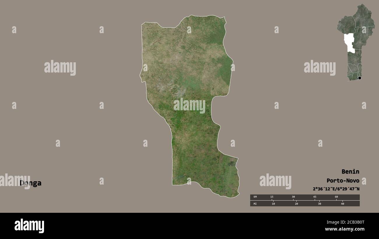 Shape of Donga, department of Benin, with its capital isolated on solid ...