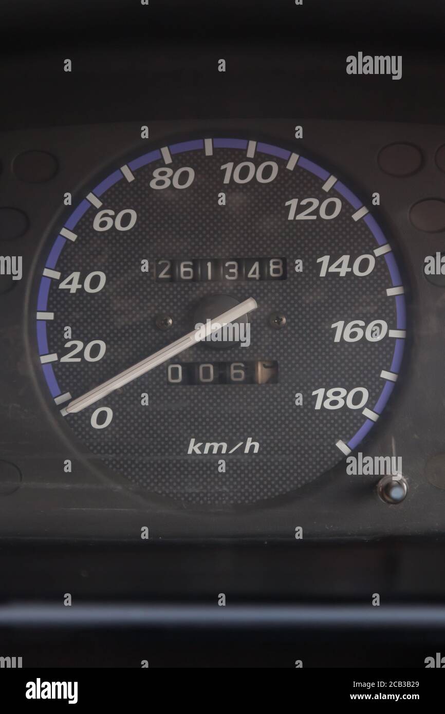 Close-up of a dashboard display sensor, on-board computer, speedometer ...