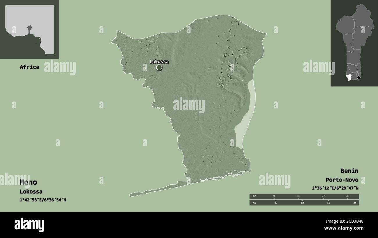 Shape of Mono, department of Benin, and its capital. Distance scale ...