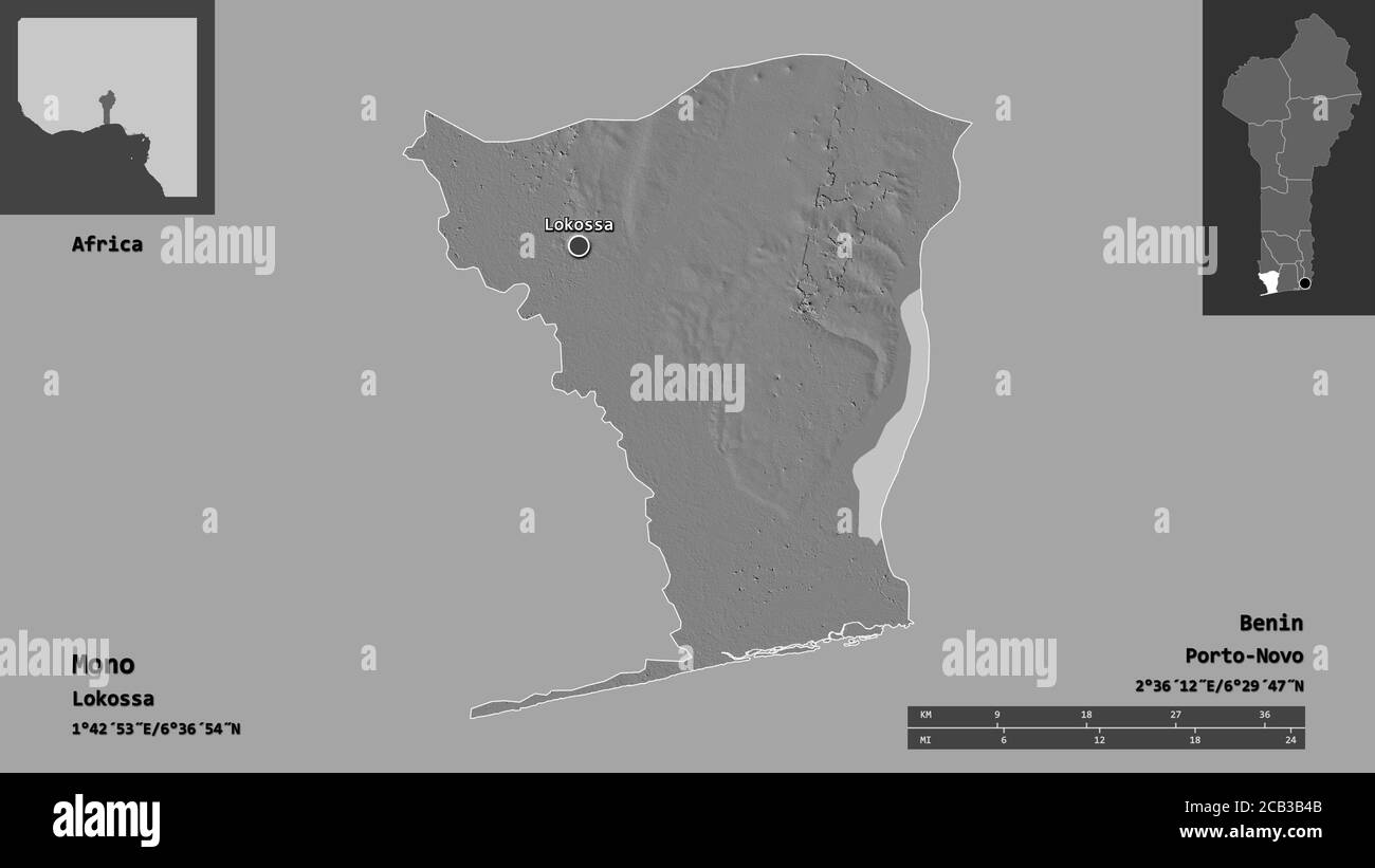 Shape of Mono, department of Benin, and its capital. Distance scale ...