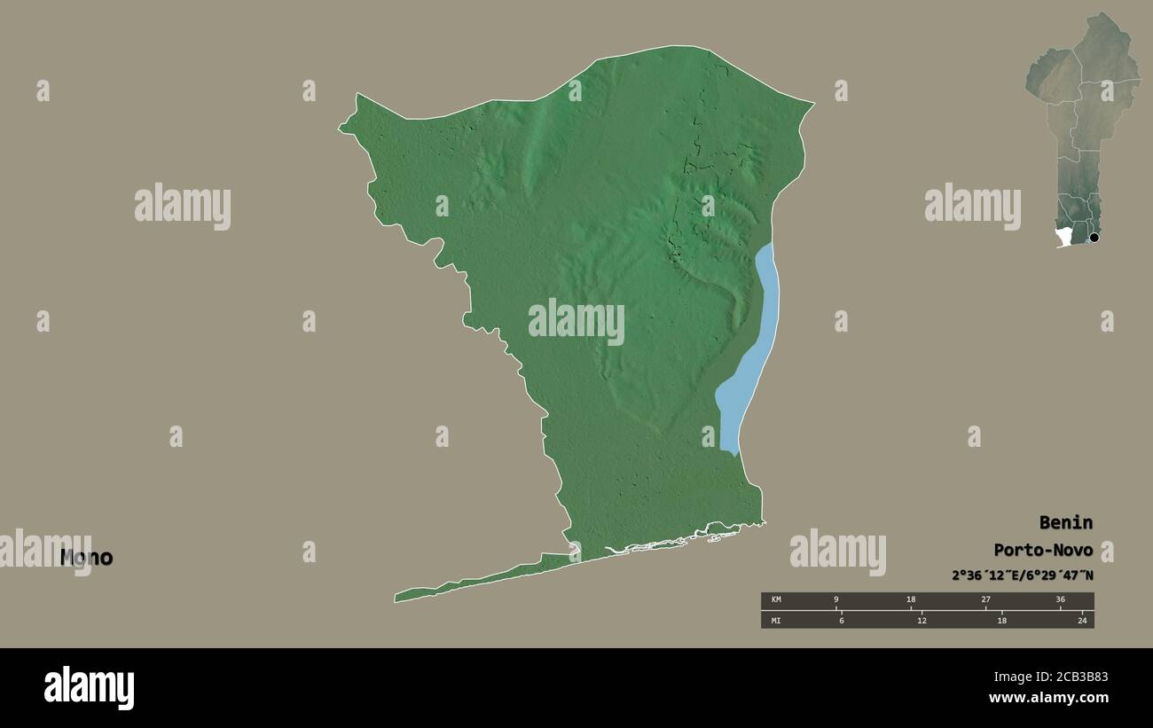 Shape of Mono, department of Benin, with its capital isolated on solid ...