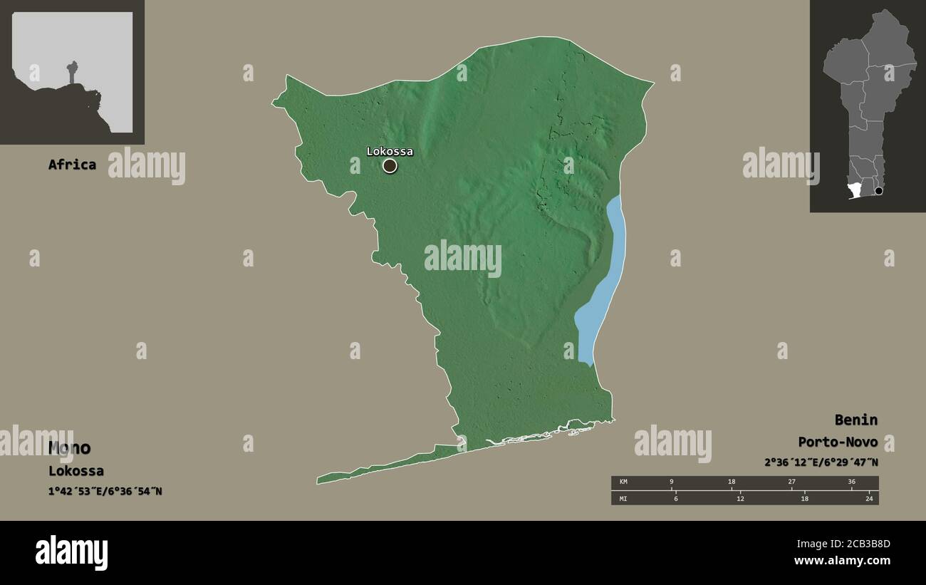 Shape of Mono, department of Benin, and its capital. Distance scale ...