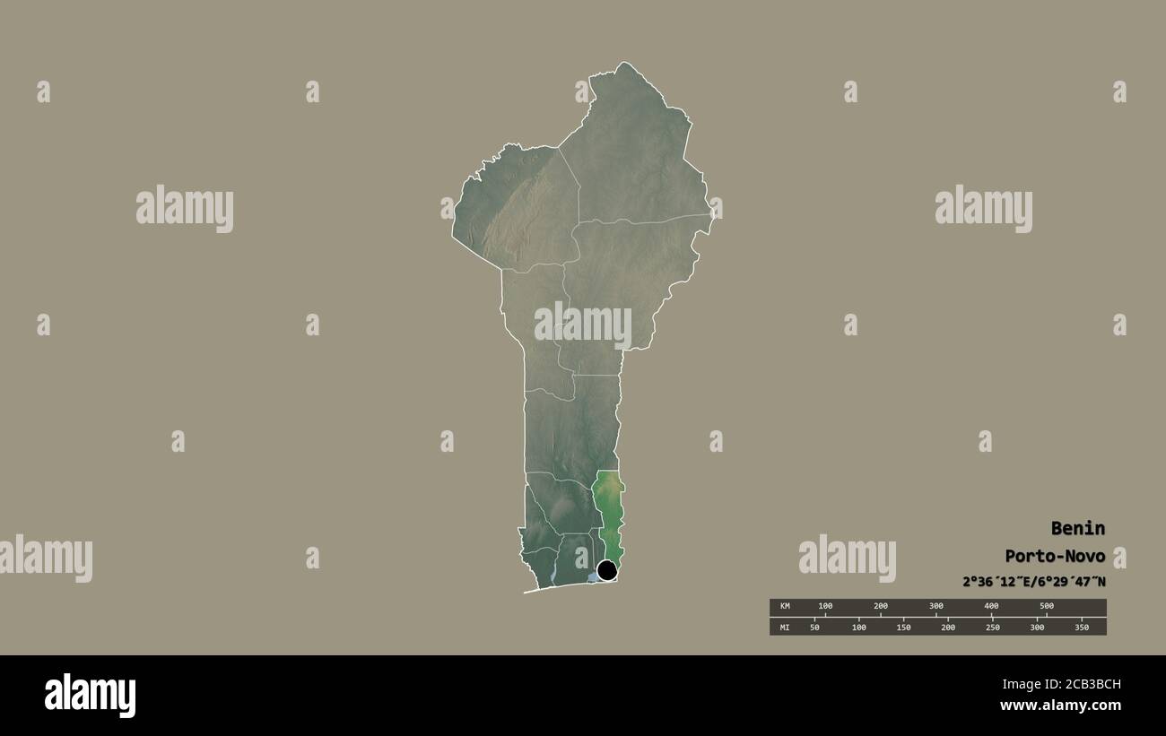 Desaturated shape of Benin with its capital, main regional division and ...