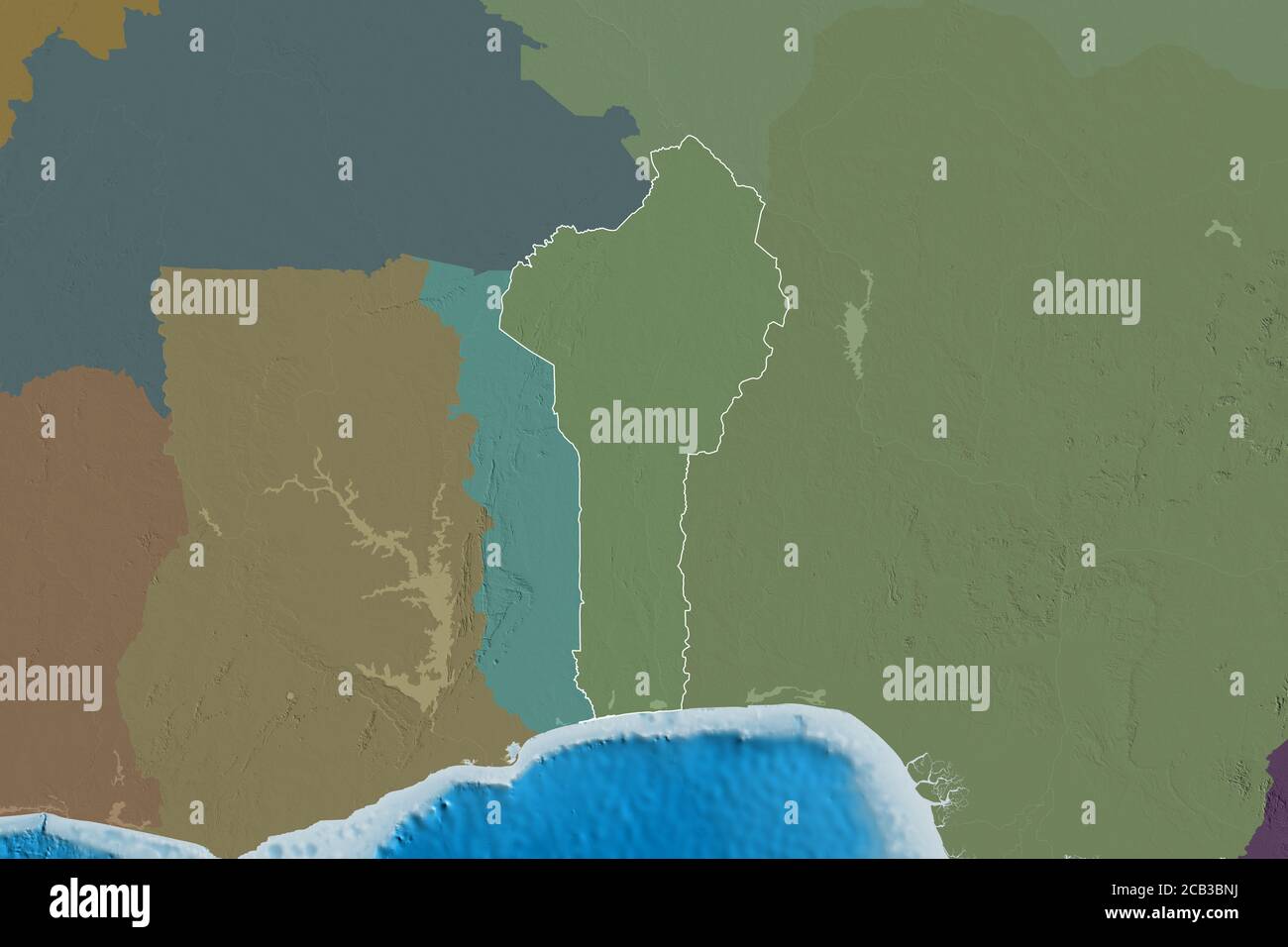 Extended area of outlined Benin. Colored elevation map. 3D rendering ...