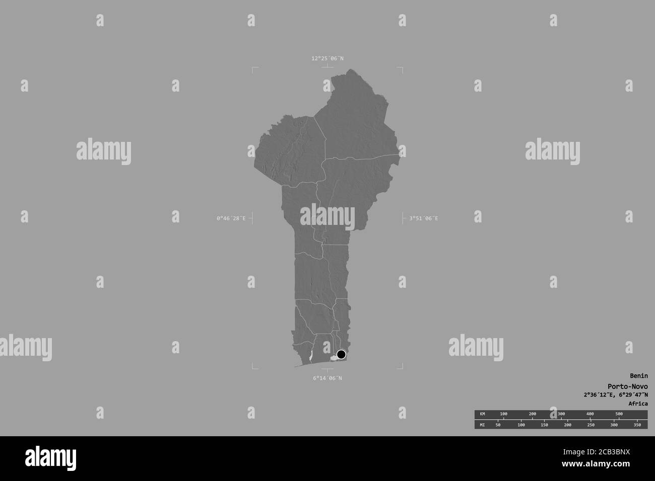 Area of Benin isolated on a solid background in a georeferenced ...