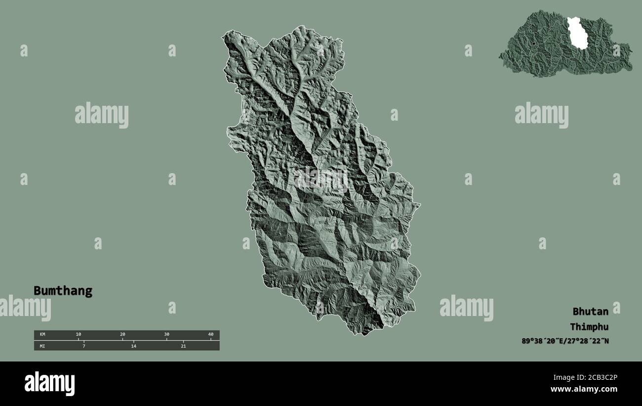 Shape of Bumthang, district of Bhutan, with its capital isolated on ...
