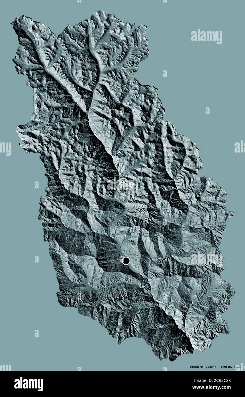 Shape of Bumthang, district of Bhutan, with its capital isolated on a ...